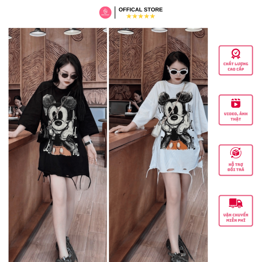 Women's Mickey Ripped Bear T-Shirt Short Sleeve Round Neck Loose Format ...