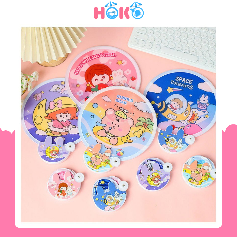 Hoko self-expanding and folding fan, compact, cute and convenient pocket-sized mini round fabric ...