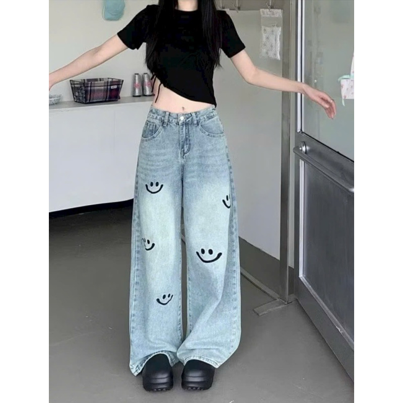 Plain jeans Embroidered With Smiley Face Pattern Front And Back High ...