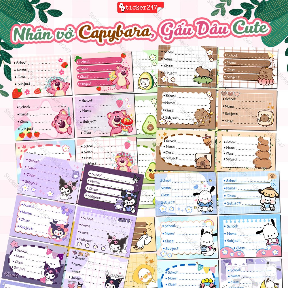 Capybara, Strawberry Bear, Kuromi, Pochacco Notebook Labels with Cute ...