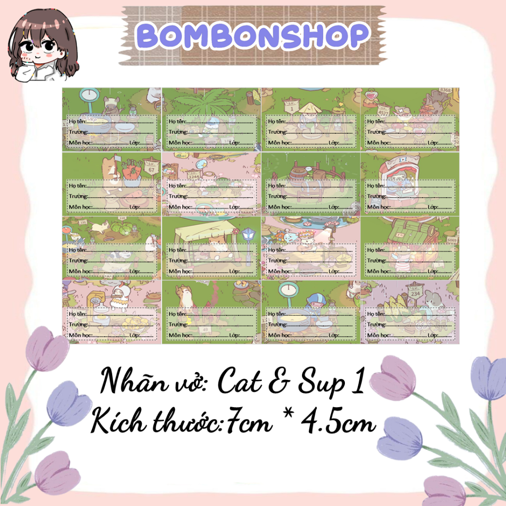 Set of 16 cute cat and sup themed student notebook labels, adorable ...