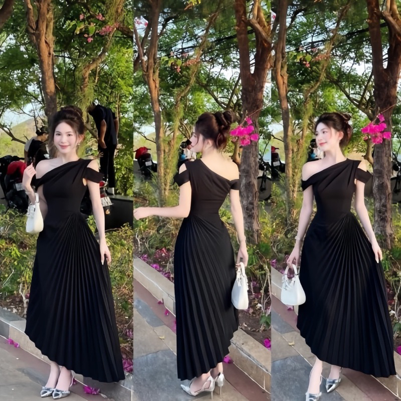 Cross-shoulder lady's dress, off-the-shoulder dress with long fan ...