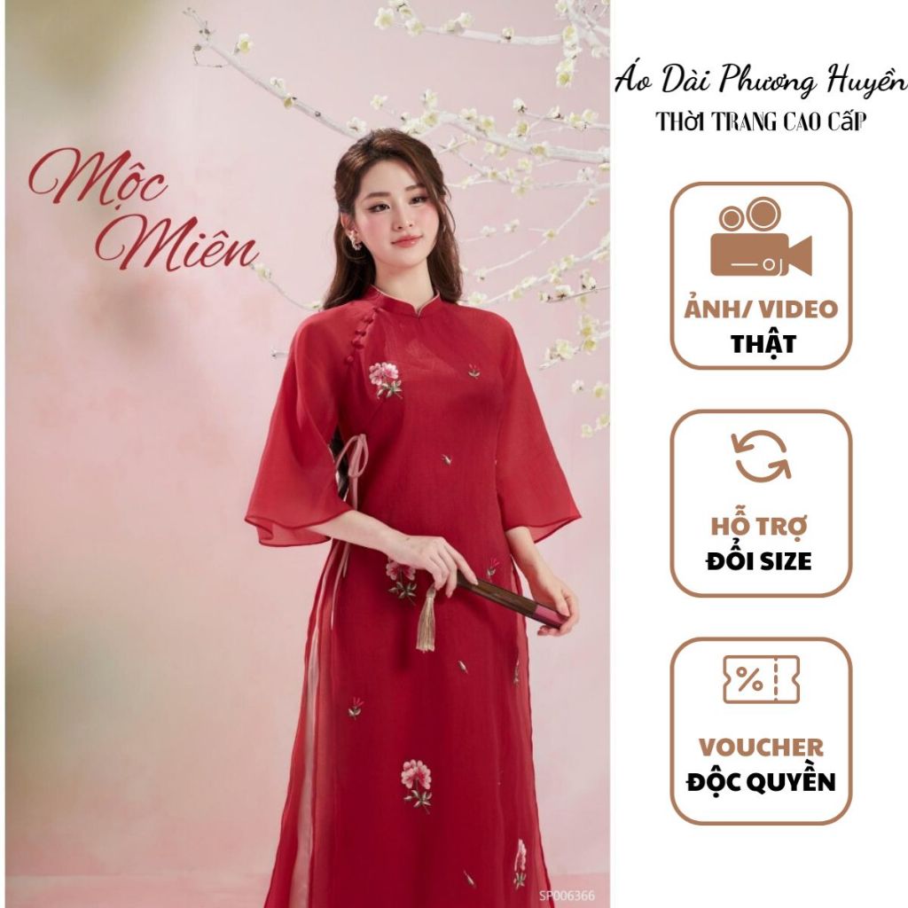 Innovative Ao Dai [Free Mane] Ao Dai with 4 silk panels embroidered with red Moc Mien fan petals ...