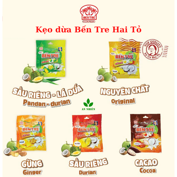 Ben Tre Hai To coconut candy 5 flavors durian, pandan leaf, cocoa, pure ...