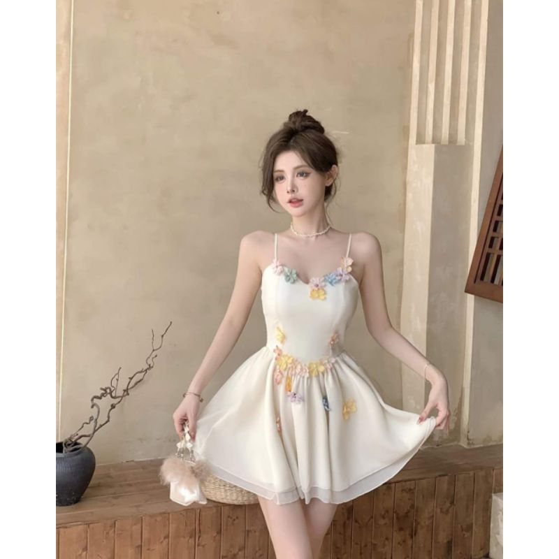 Spaghetti straps dress with 3 layers of fabric flowers (with real photo ...