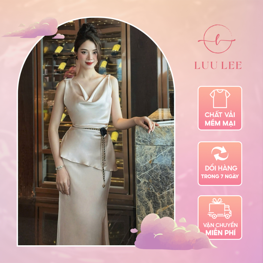 LEE Luxurious Beige Silk Dress With Fishtail V-Neck Lace-Up Design - Partying, Going Out LUU LE ...