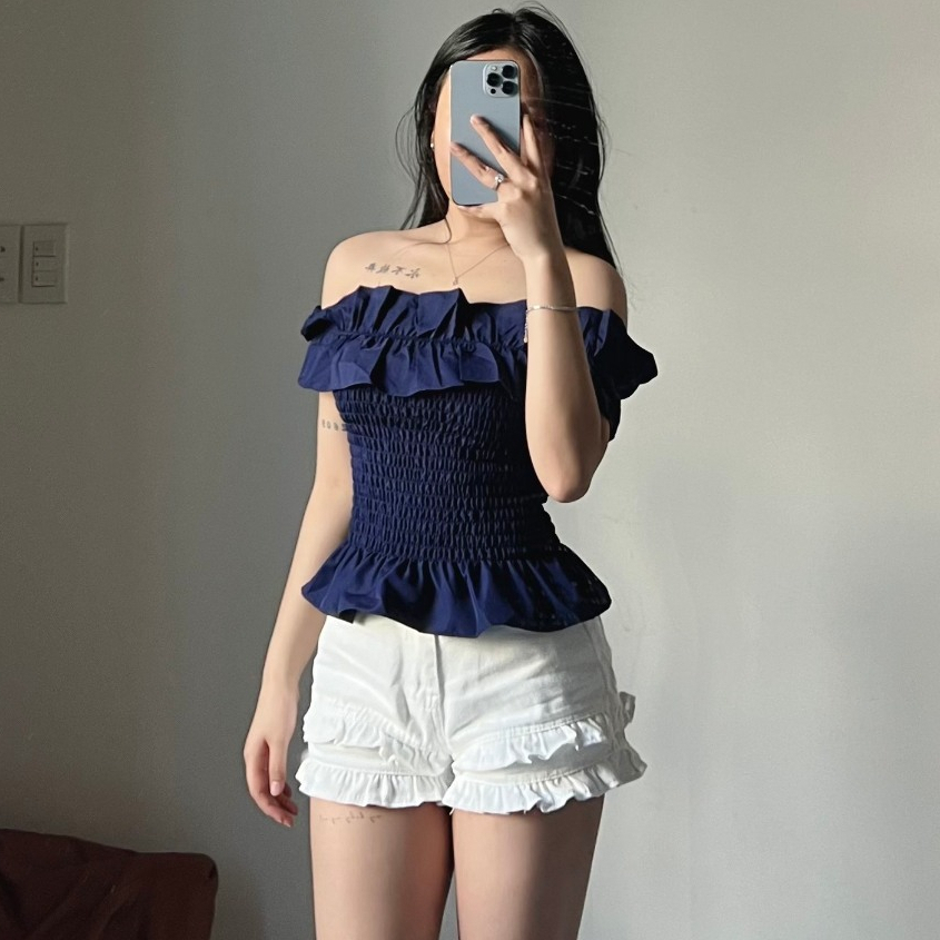 BARE_Korean style ruffled off-the-shoulder lady's blouse in cool kate ...