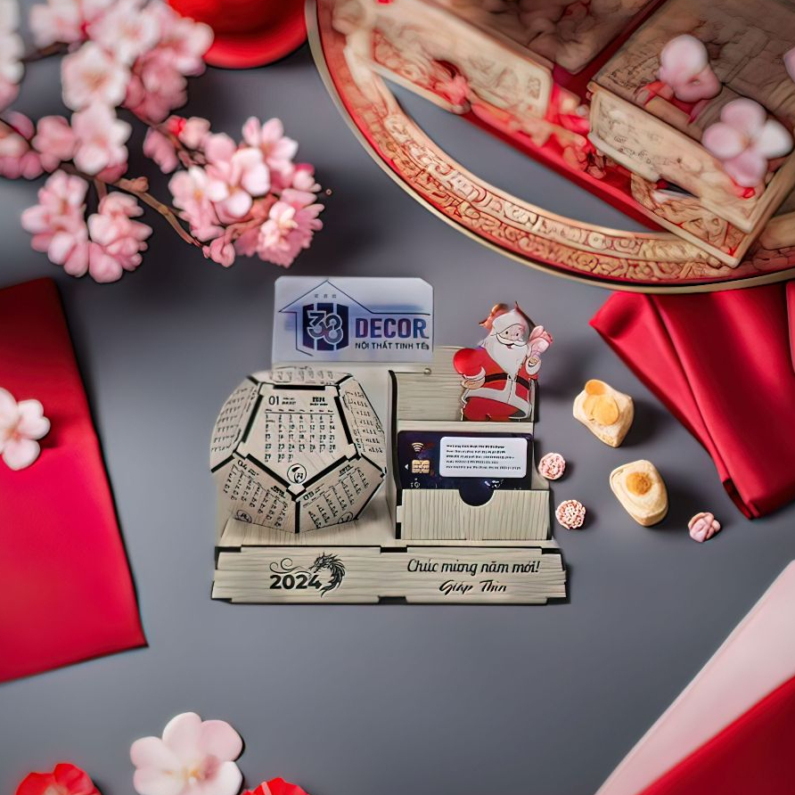 2024 12-sided pentagonal wooden calendar with card box, Yin-yang ...