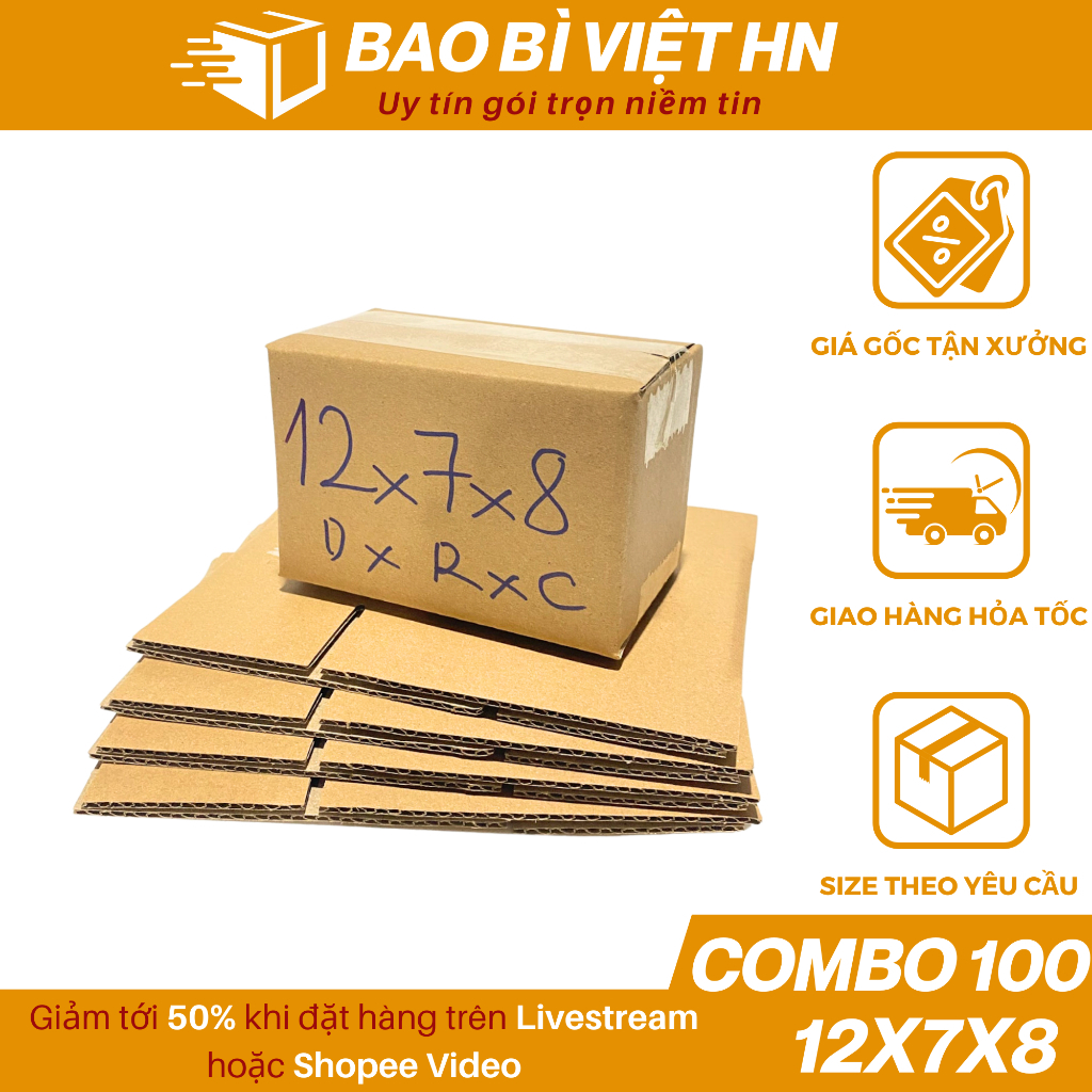 12x7x8 Combo of 100 carton packing boxes, packing paper boxes with ...