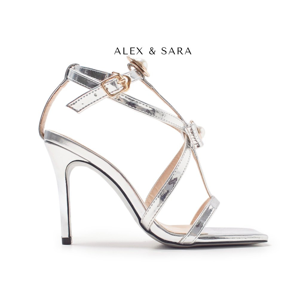 Square toe high heel sandals with luxurious pearl bow buckle, 10cm high ...