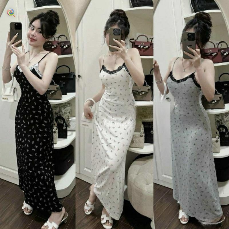 Spaghetti straps dress with lace chest pattern with small bow pattern ...