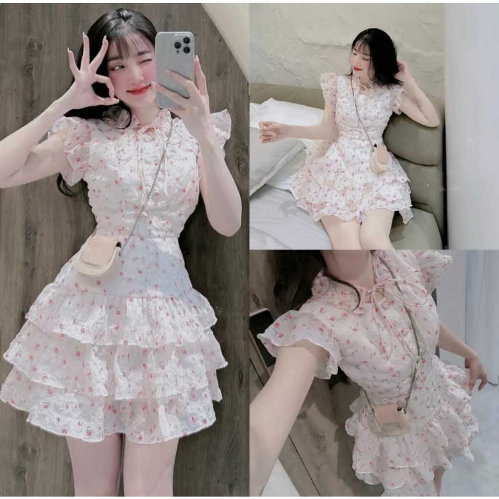 Women's mini short flared dress with fairy wings and buttons covered in ...