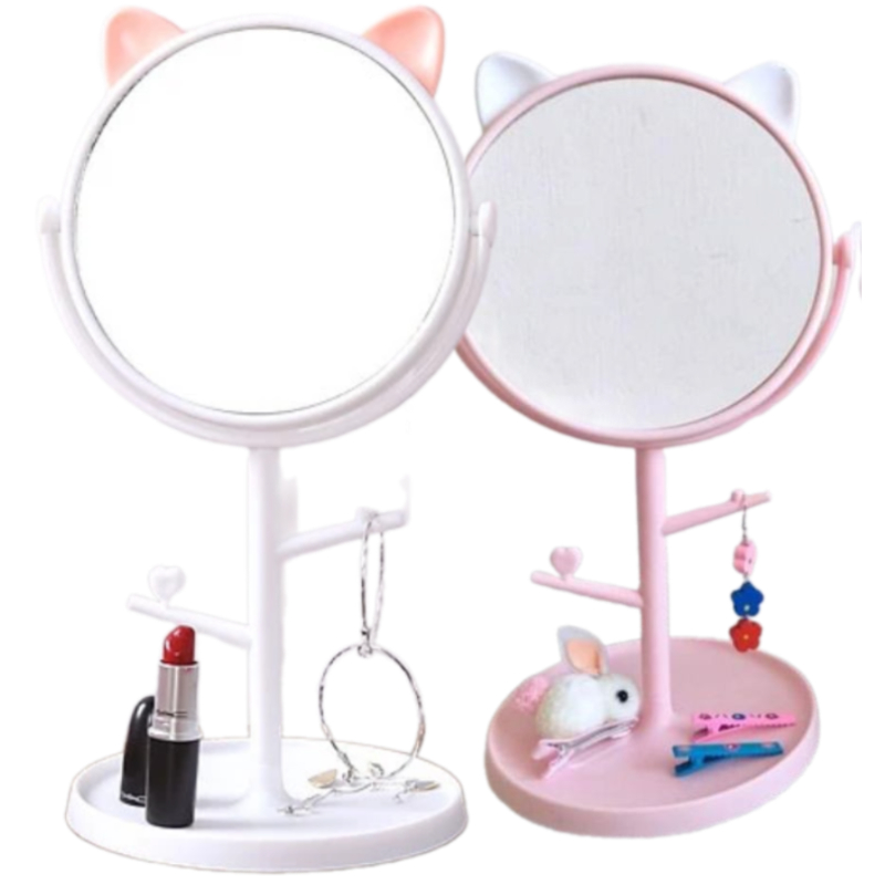 Single-Sided Cat Ear Round Desk Mirror, 360 Degree Rotation with Handy ...