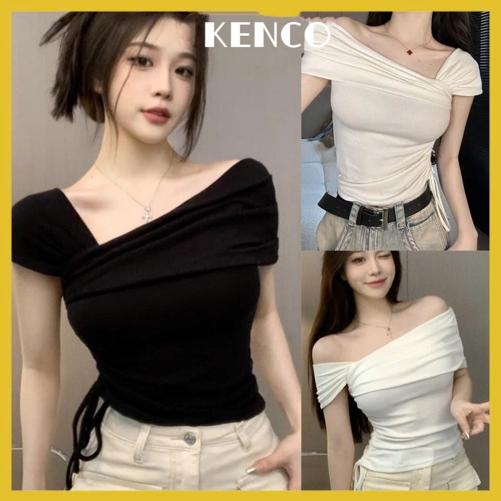 Women's off-the-shoulder t-shirt with drawstring waist, ladylike shape ...