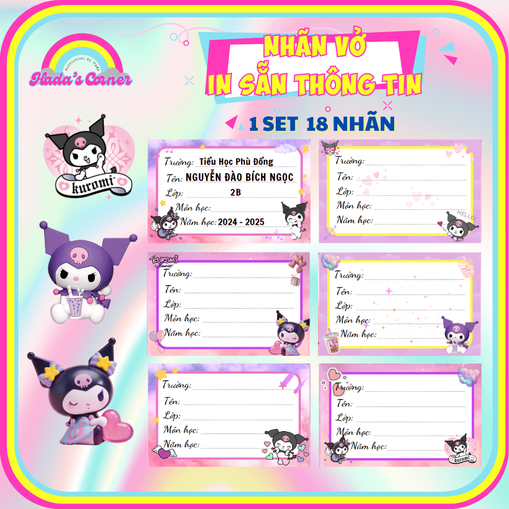 Set of 18 KUROMI notebook labels pre-filled with school/class/name ...