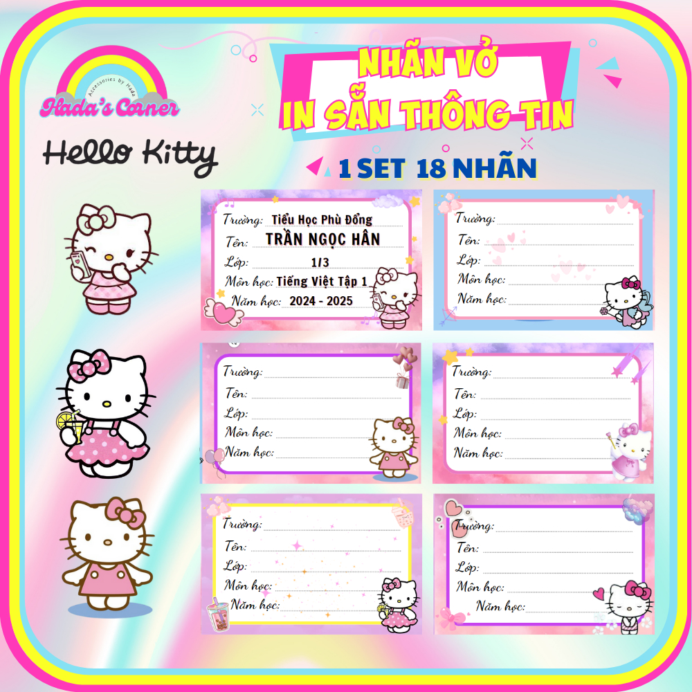 Set of 18 HELLO KITTY notebook labels pre-filled with school/class/name ...