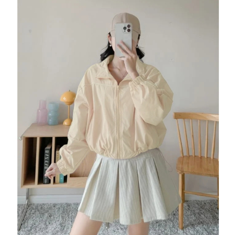 Women's 2-Layer White Beige Wrinkle Windbreaker, Basic Sports Style ...