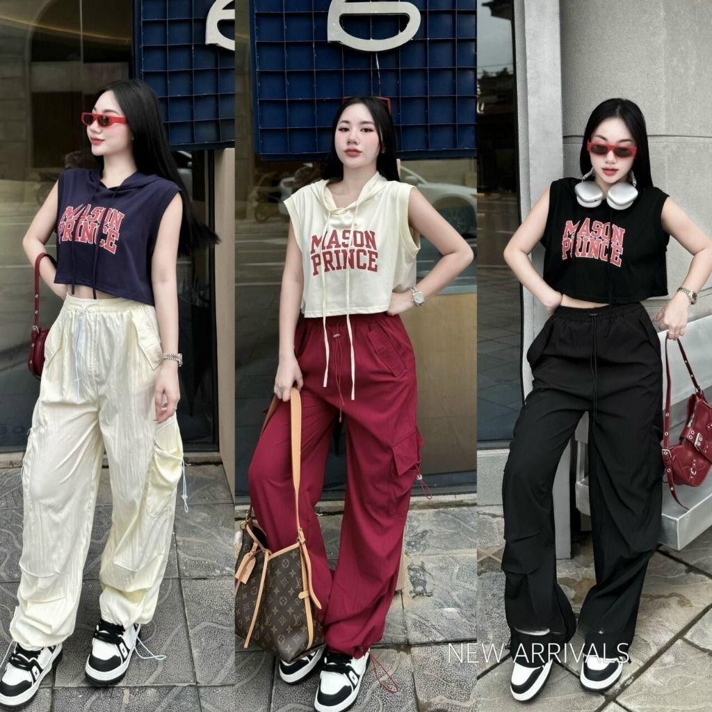 Crop Top T-shirt Set Sleeveless Mix Hats Mixed with Wind Pants and Box ...