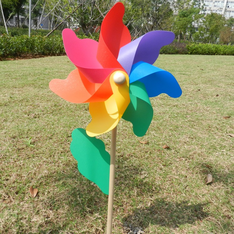 7-bladed plastic pinwheel with wooden handle - 7-color rainbow pinwheel ...