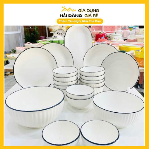 White Dinnerware Set with Black Border, Bat Trang Brand, Shiny Enamel ...