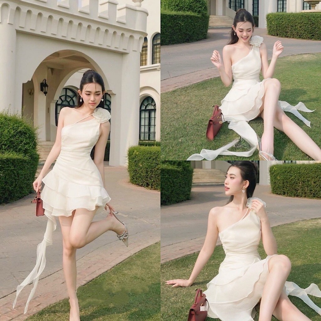 Women's one-shoulder cross-body dress with short flared cotton appliqué ...