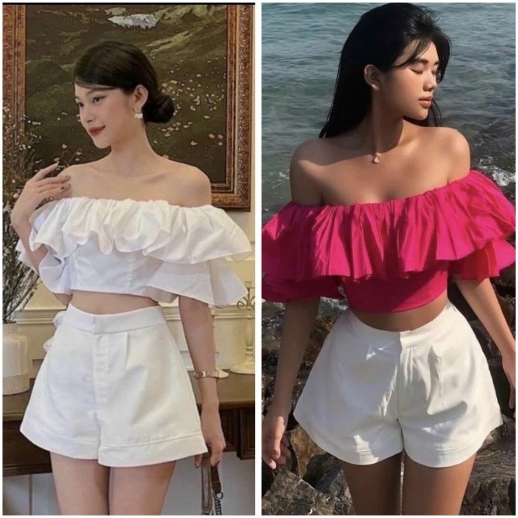 Lovely 2-Layer Off-the-Shoulder Crop Top with Puffed Sleeves and Puffed ...