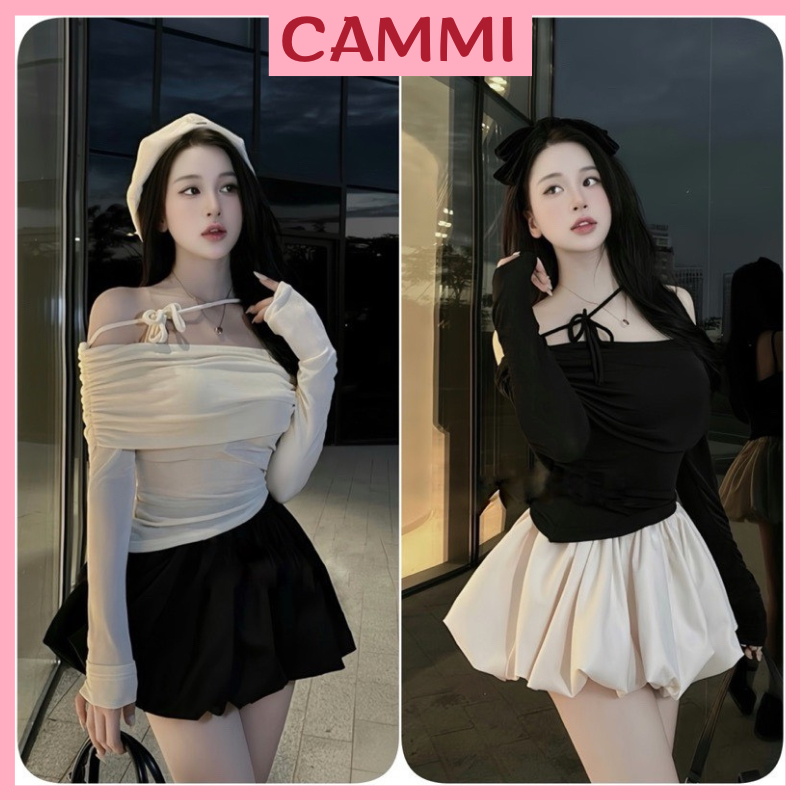 Set of off-the-shoulder top made of elastic with long sleeves and diagonal straps + 2-layer ...
