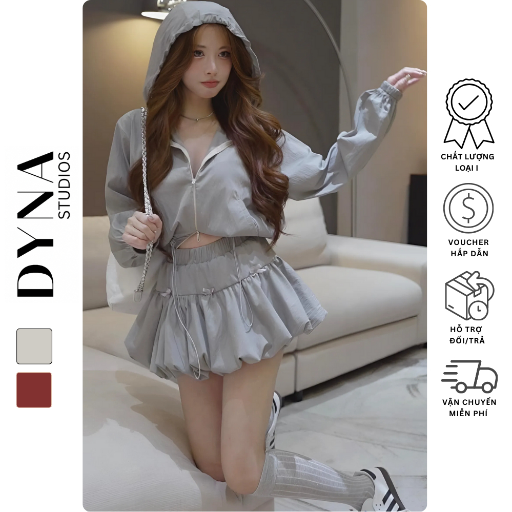 Set of BAGEO long-sleeved crop top hooded windbreaker with flared skirt ...