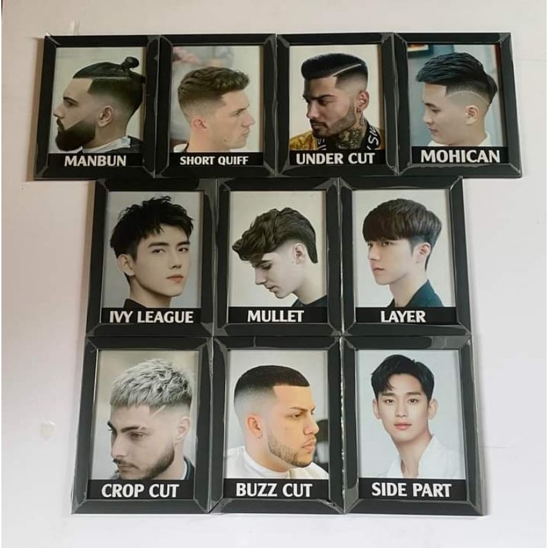 Set of 10 photos of men's barber hair frames hanging on the wall to ...