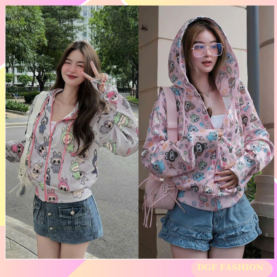 Women's labubu print crop top with cute zipper hood Jacket | Shopee ...