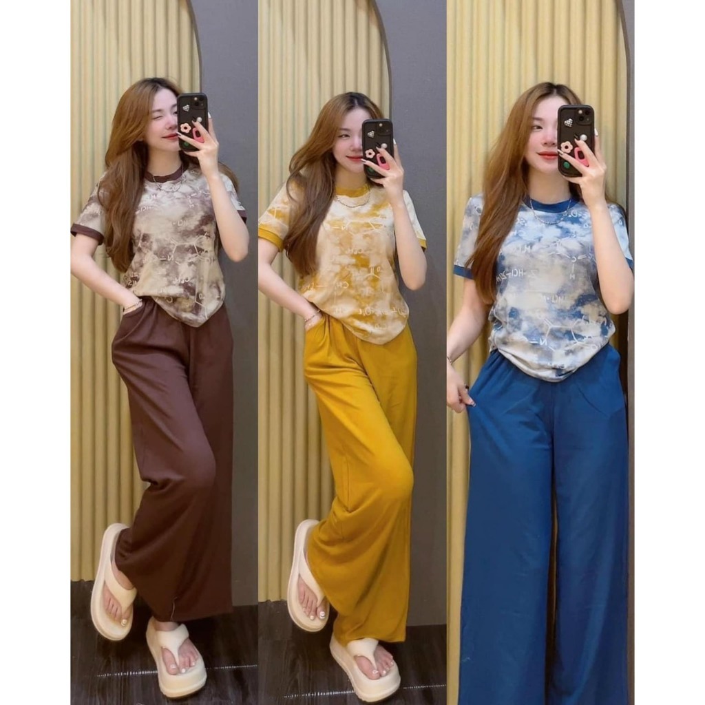 Set of cool cotton outings, wide-leg pants and 3D blouse just like the ...