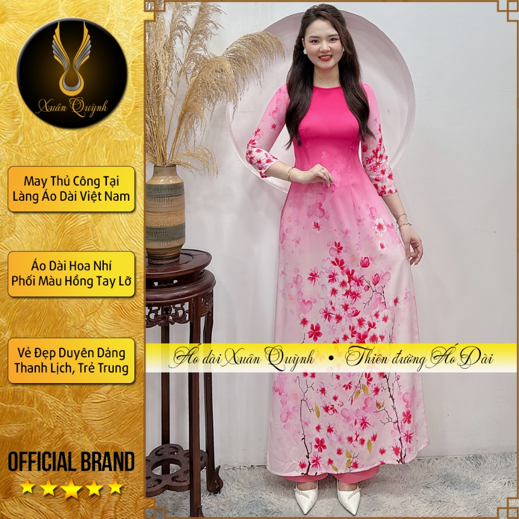 Traditional Ao Dai with 3D Printed Sweet and Youthful Peach Blossom Pattern K19 - Xuan Quynh Ao ...