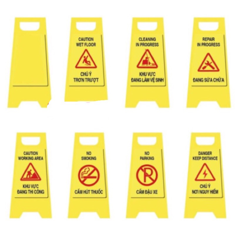 A-shaped warning signs of many types of construction signs. Slippery ...