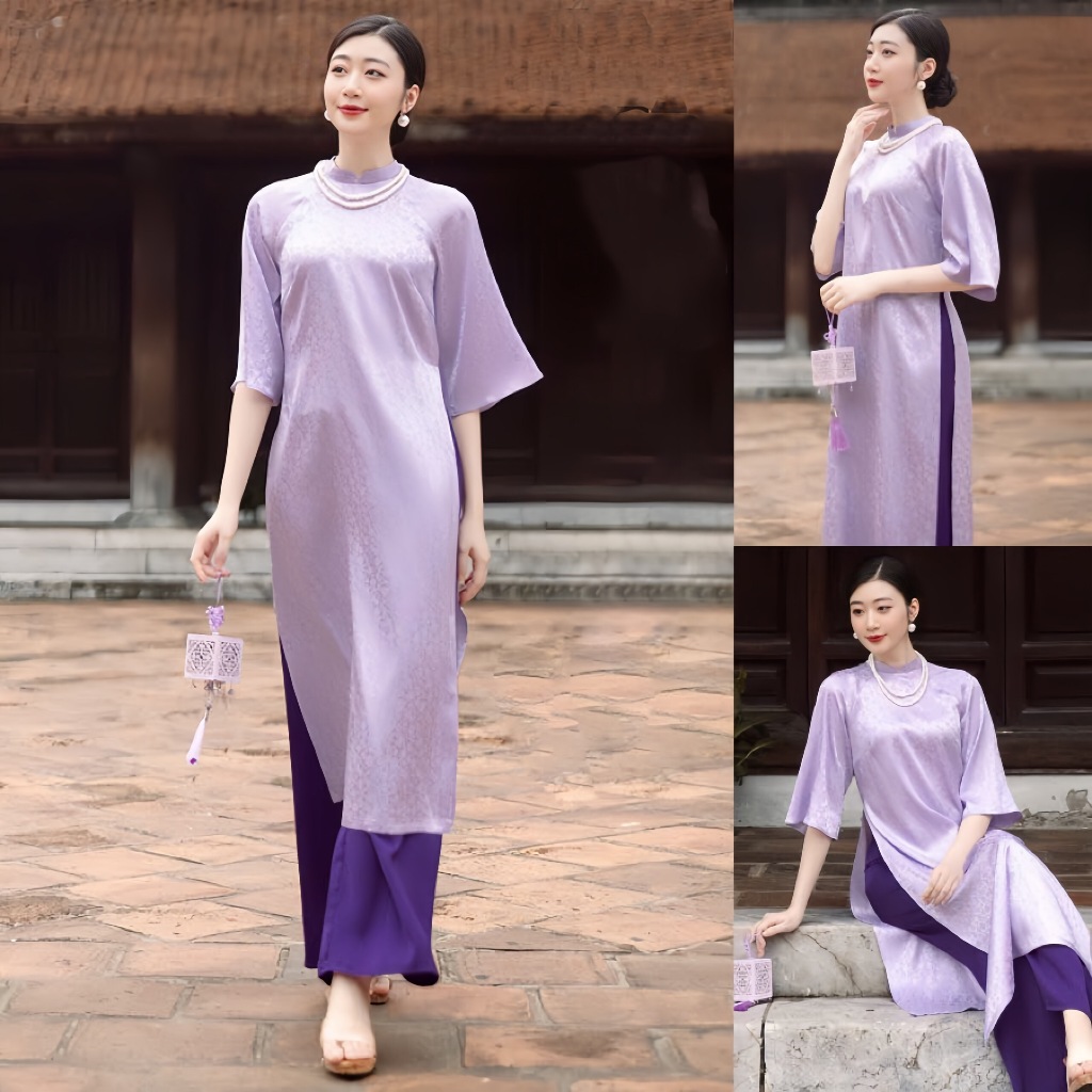 Women's ao dai made of high quality brocade silk, round neck, loose ...