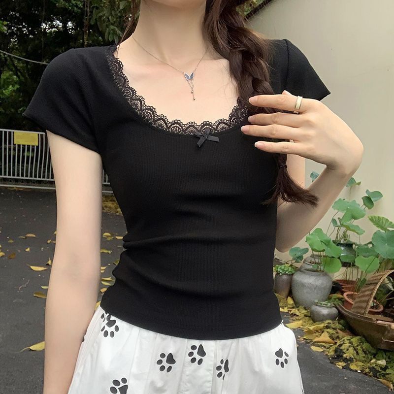 Feminine body-hugging Lace Bow Crop Top with Short Sleeves | Shopee ...
