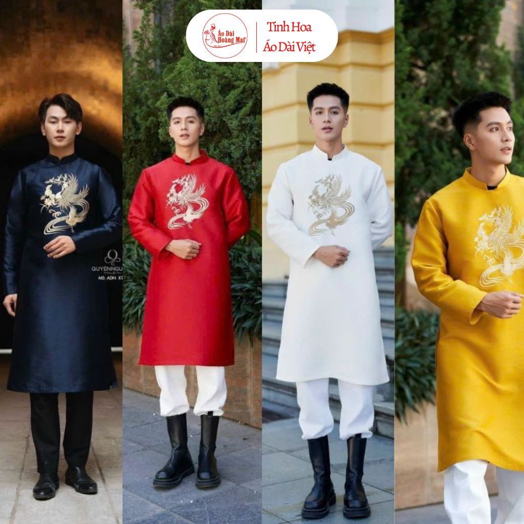 Modern men's ao dai embroidered with multi-colored Phoenix in high ...