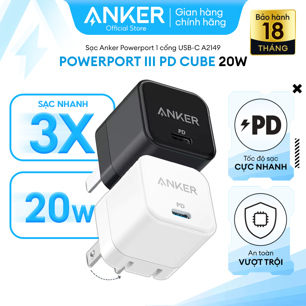Anker 312 PowerPort III PD Cube Fast Charger 1 port USB-C Capacity 20W ...