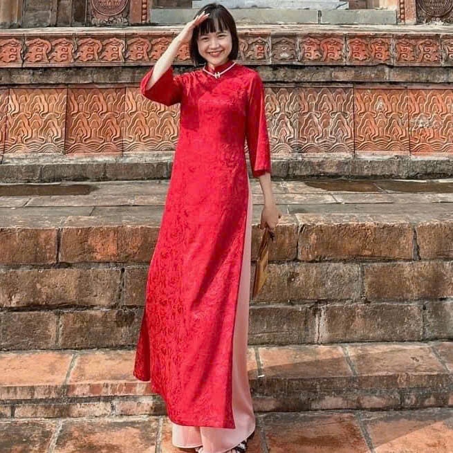 Modern silk brocade ao dai, plain shape, high neck, loose sleeves - Red ...