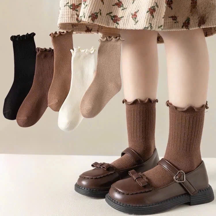 Set of 5 Pairs of Brown Tone Ruffled High Neck Socks for Girls Korean ...