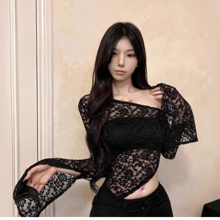 Black Lace Blouse with Patterned Flared Sleeve Design, Stylish BODY ...