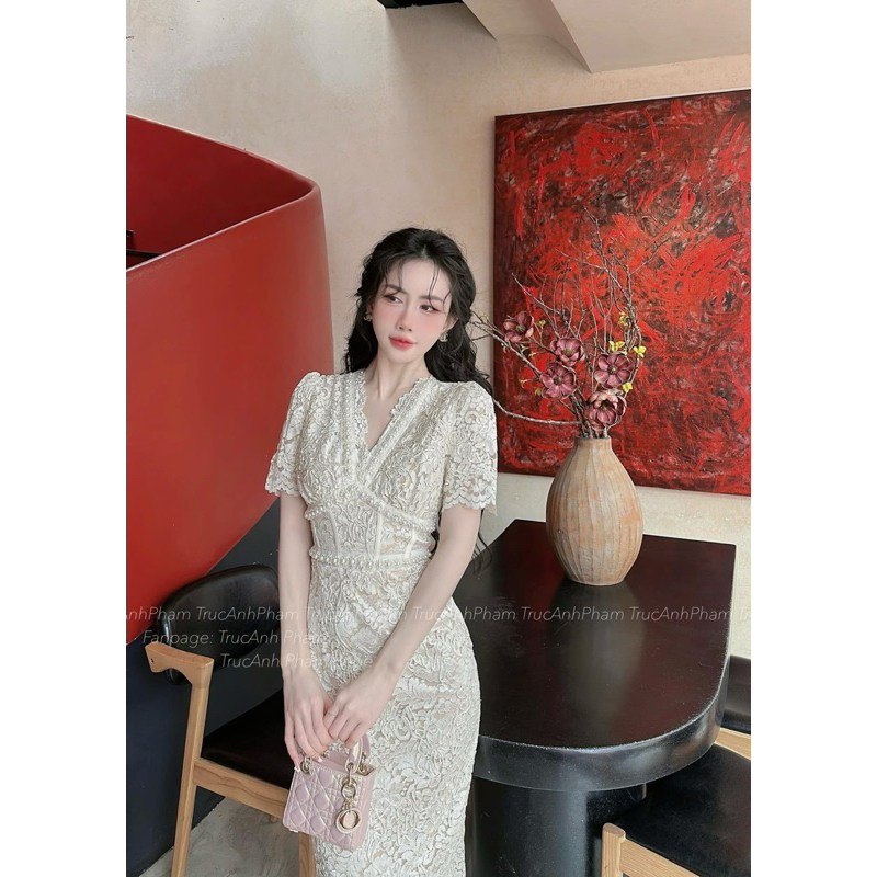 Women's dress Long party dress with V-neck pearl trim, super pretty ...