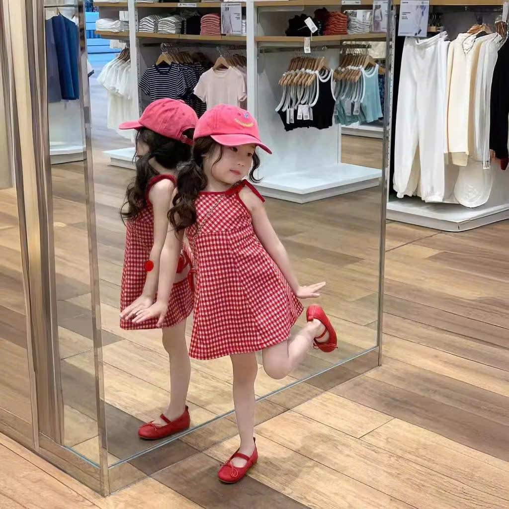 Lovely red checkered dress with shoulder bow for summer girls 9-26kg ...