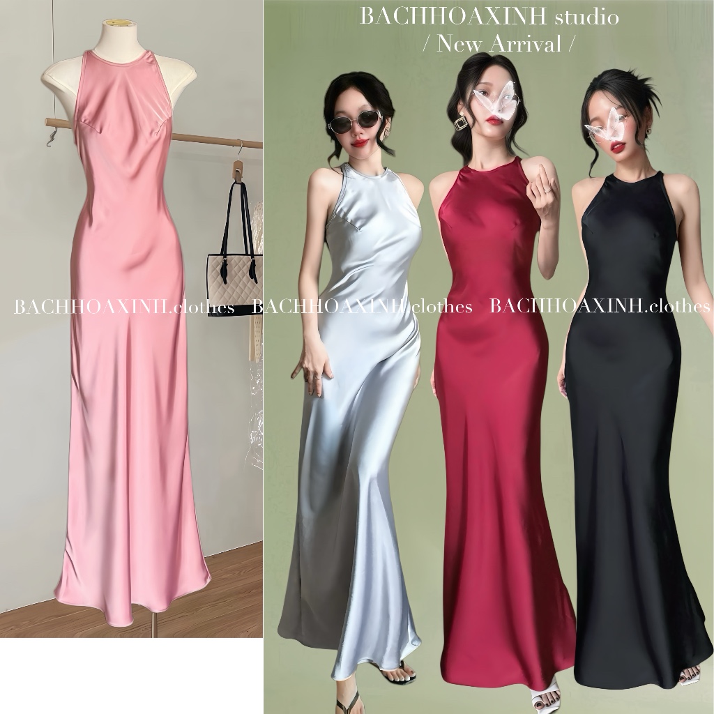 Elegant and luxurious long silk maxi dress with camisole collar ...