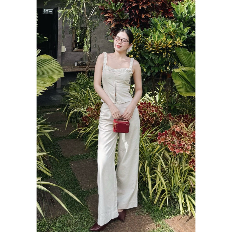 LINEN SET WIDE DOWN-TUBE LONG PANTS MIXED WITH 2 SOFT RUBBER WAIST ...