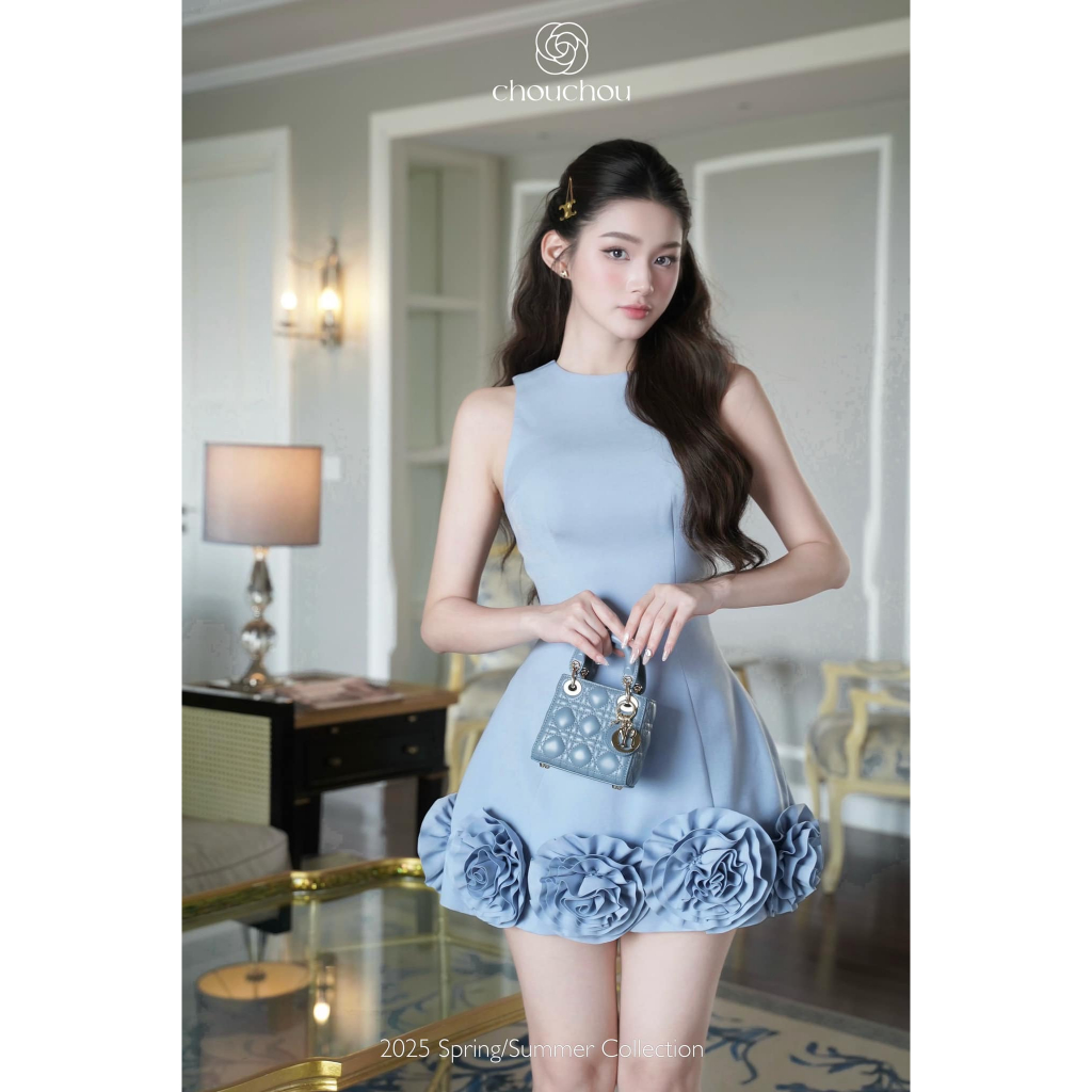 Women's dresses Sleeveless Blue round grass with flowers, SEWED CHOUCHOU design skirt, TRENDY ...