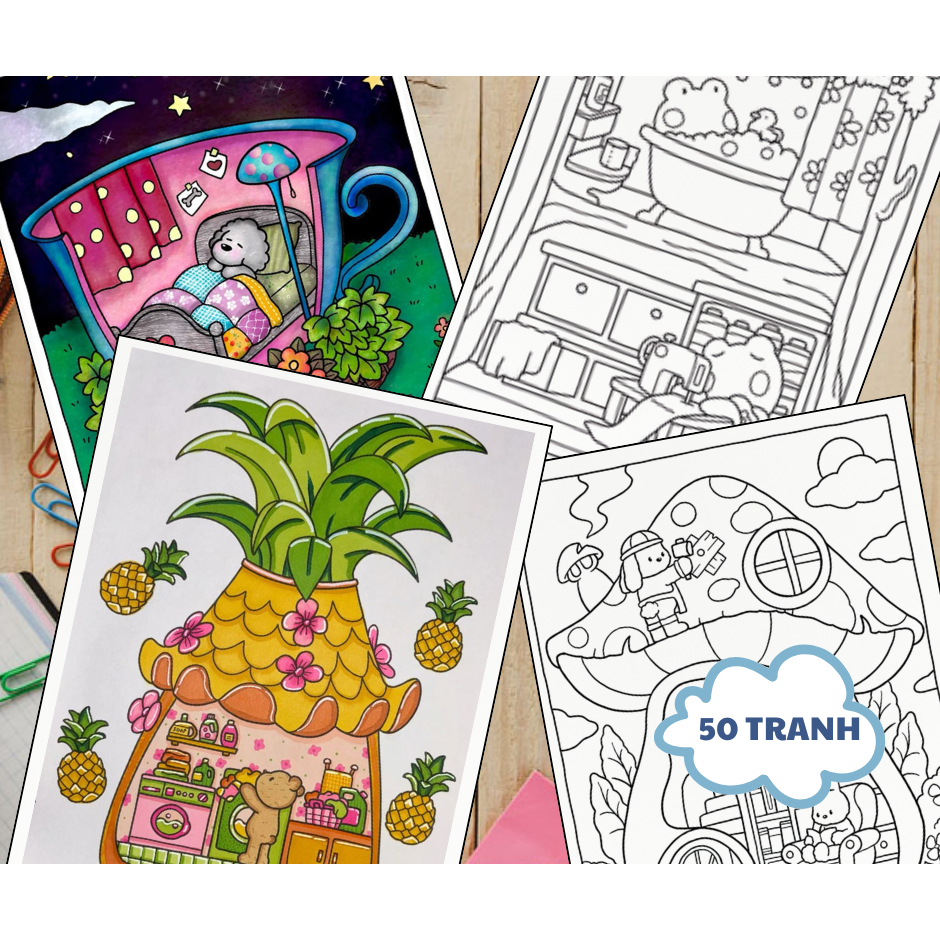 Set of 50 coloring pages for children with Cozy spaces theme Size A4 ...