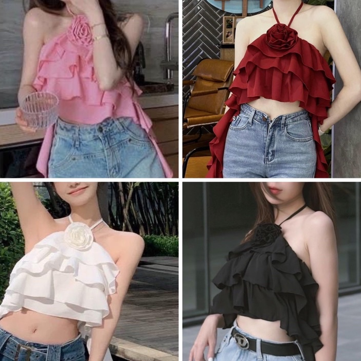 White/pink/red/black beach crop top with fringed floral collar CLOSET ...