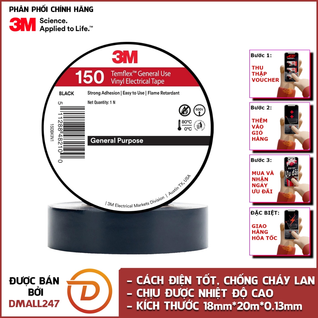 3M Temflex 150 PVC electrical tape 18mm x 20m 3M-BK150 - Fireproof ...