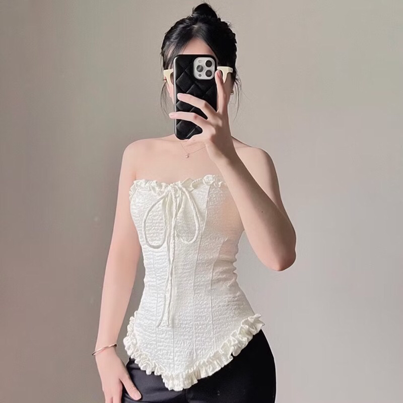 Luxury Korean slim fit ruffled bustier top A141 | Shopee Philippines