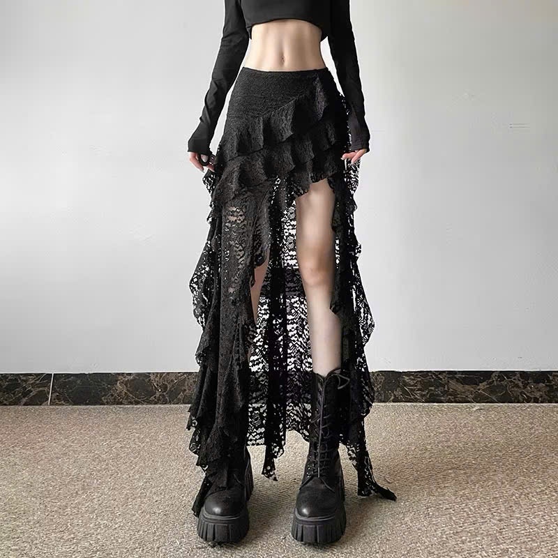 P154 - trendy layered slanted lace skirt with sexy personality tassels ...